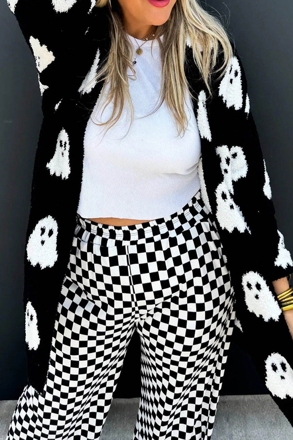 Black Halloween Ghost Pattern Mid length Knitted Cardigan – Jean & Eve
